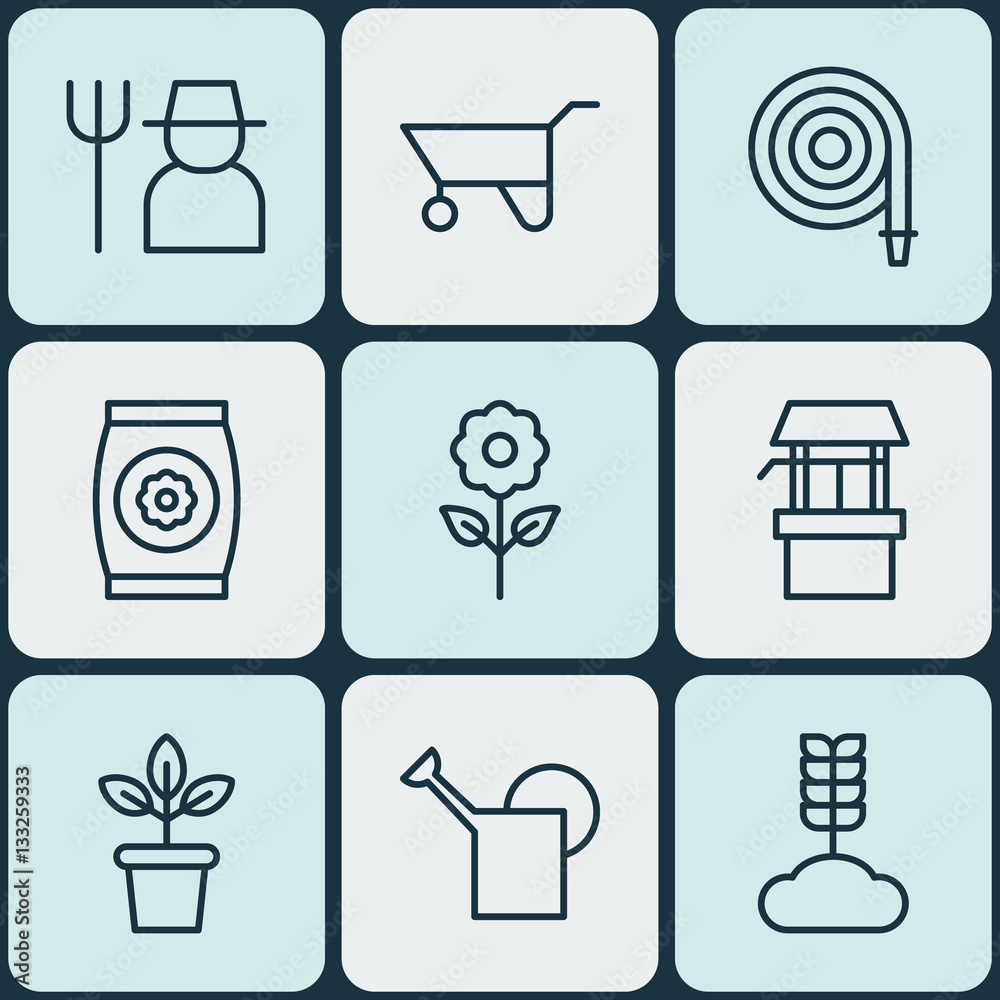 Set Of 9 Agriculture Icons. Includes Flowerpot, Bailer, Water Source ...