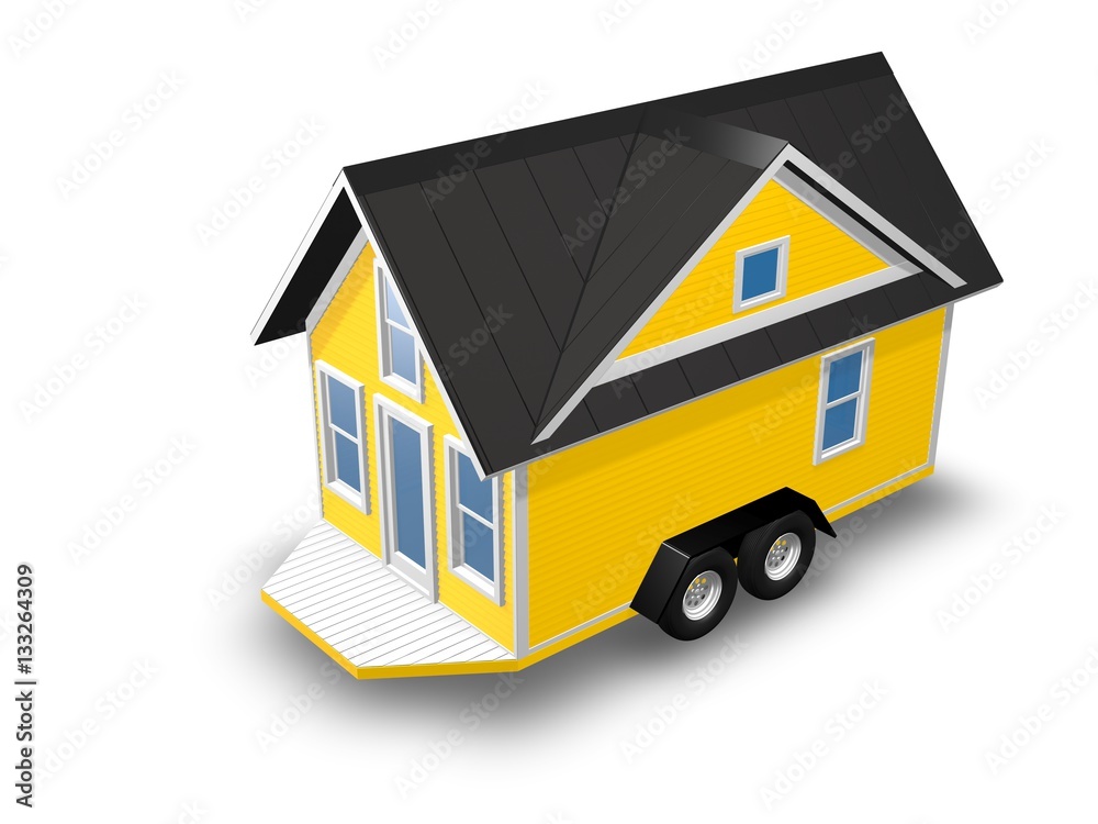 3D Rendered Illustration of a tiny house on a trailer. House is ...