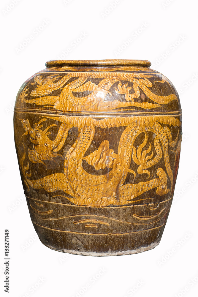 Giant clay glazed water jar with dragon pattern , ancient blister ...