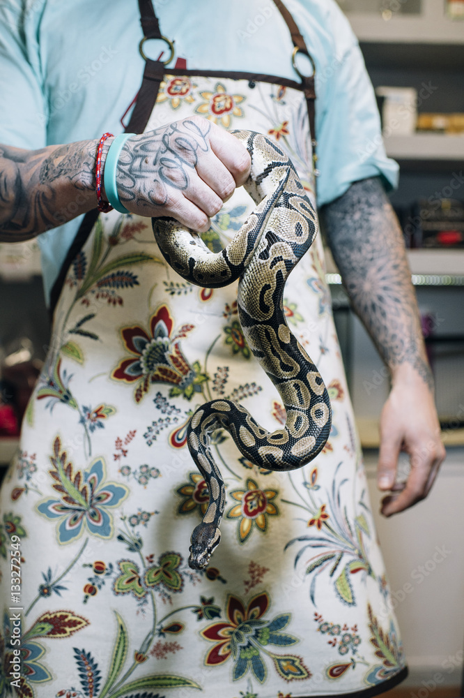 Tattooed man holding snake Stock-Foto | Adobe Stock