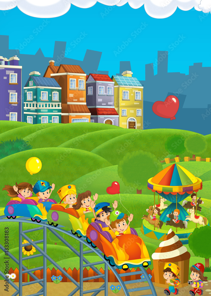 Cartoon happy and funny traditional scene with amusement park and kids ...