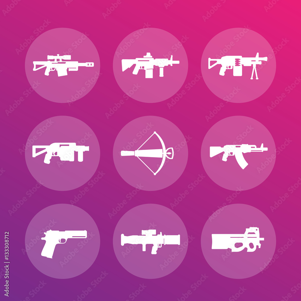 weapons, firearms icons set, sniper and assault rifles, machine gun ...