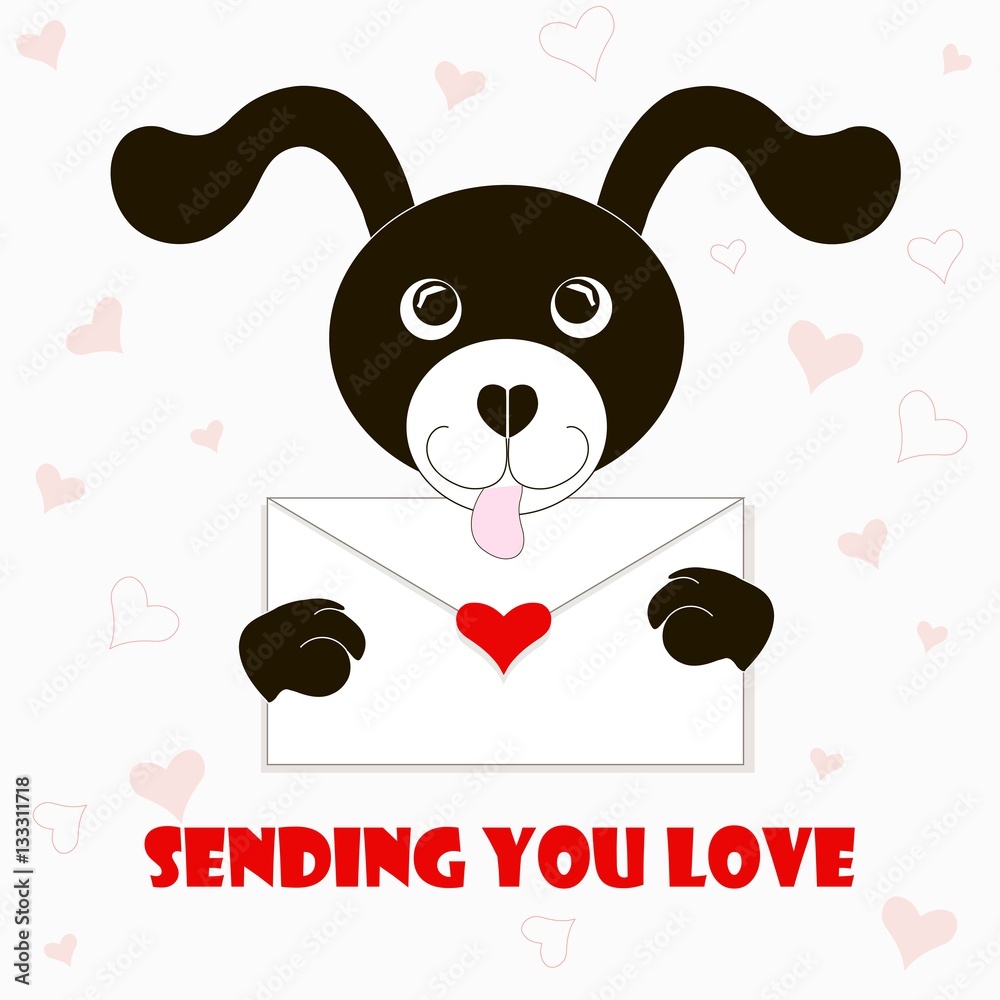 Typography banner Sending you love, black and white cartoons dog with ...