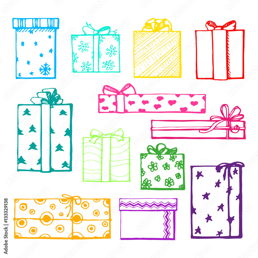 Hand drawing vector set with gifts. Gifts for different holidays. On ...