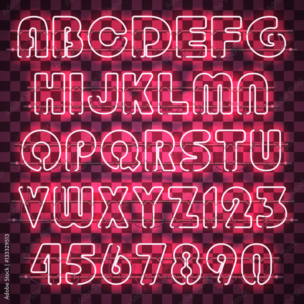 Glowing pink neon alphabet with letters from A to Z and digits from 0 ...
