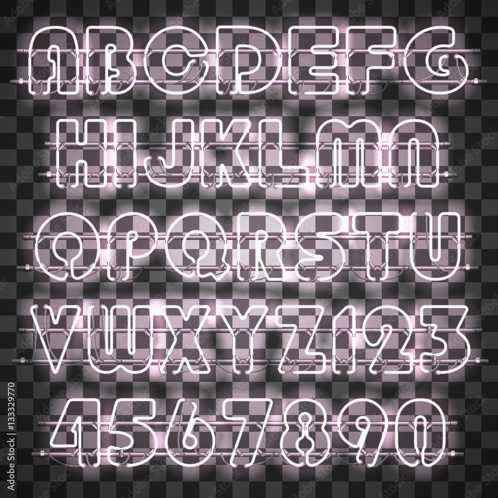 Glowing white alphabet with letters from A to Z and digits from 0 to 9 ...