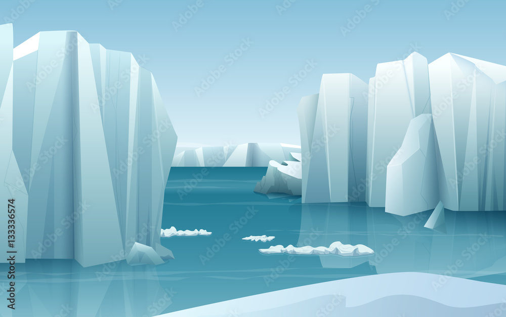Cartoon realistic nature winter arctic ice landscape with iceberg and ...
