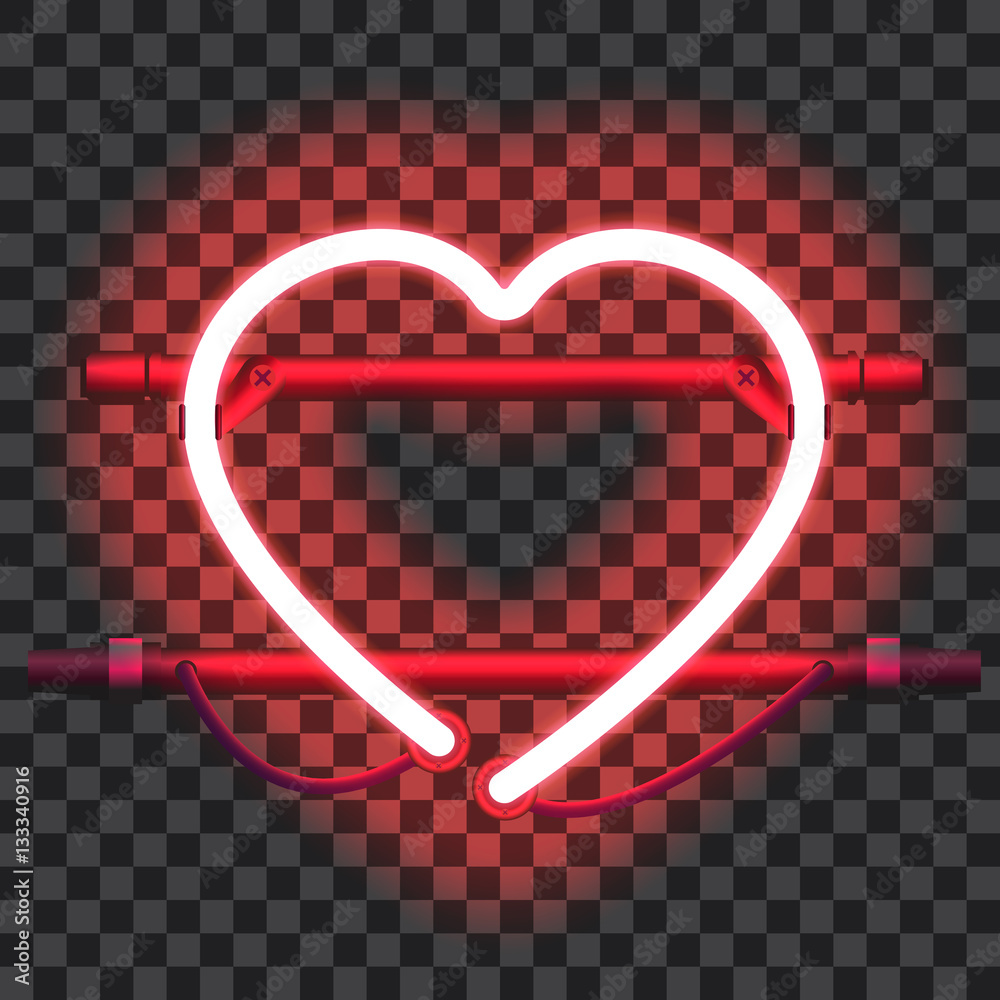 Glowing red neon heart with holders, brackets and wires isolated on ...