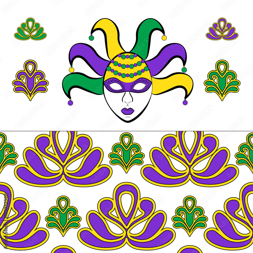 Template greeting card or invitation on Fat Tuesday. Women's mask and ...