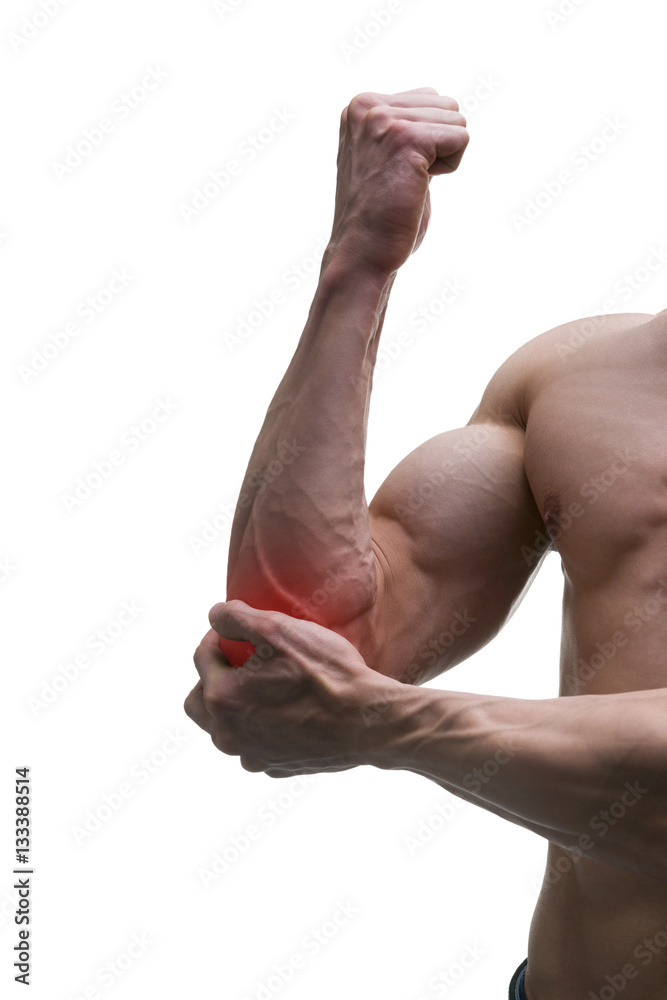 Pain in the elbow, muscular male body, isolated on white background ...