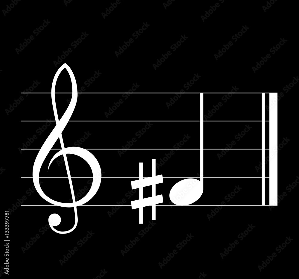 Sharp musical symbol with note, treble clef and staff on black Stock ...