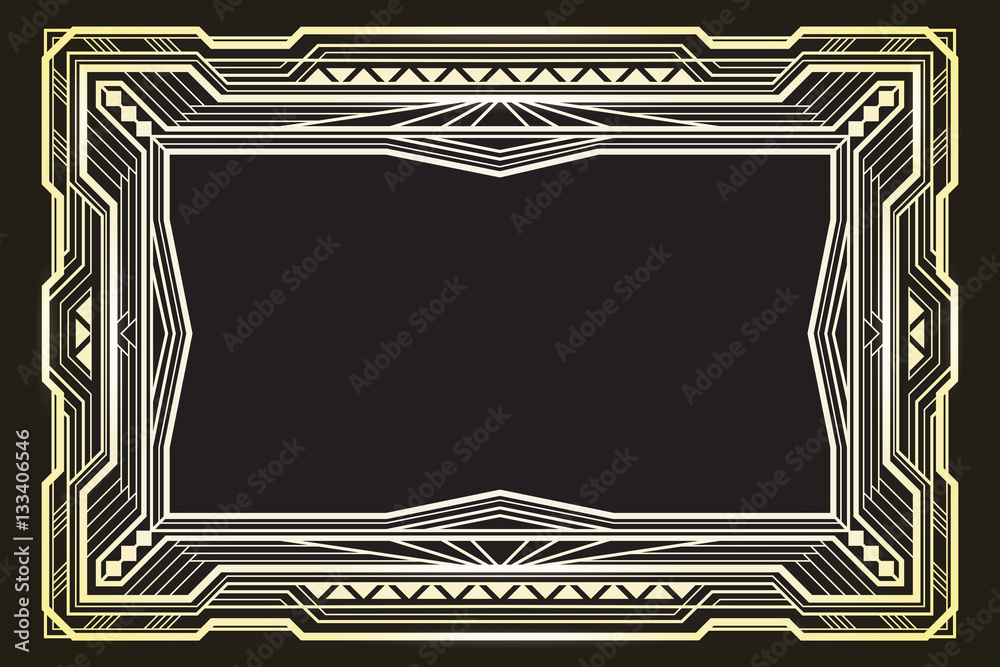 Rectangular golden retro frame, art deco style of 1920s. 3:2 ...