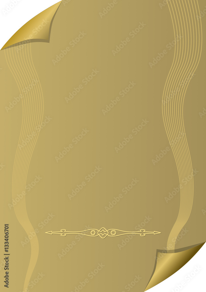 Golden paper background with rolled corners, wavy watermark and ...