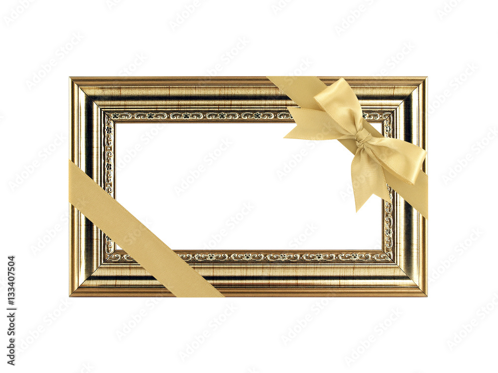 antique gold picture frame with ribbon bow wrap on corner isolated on ...