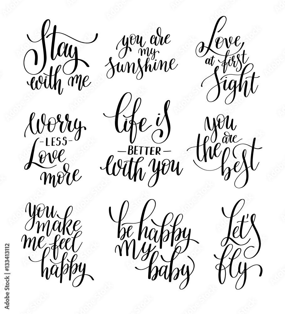 set of black and white hand written lettering phrase about love Stock ...