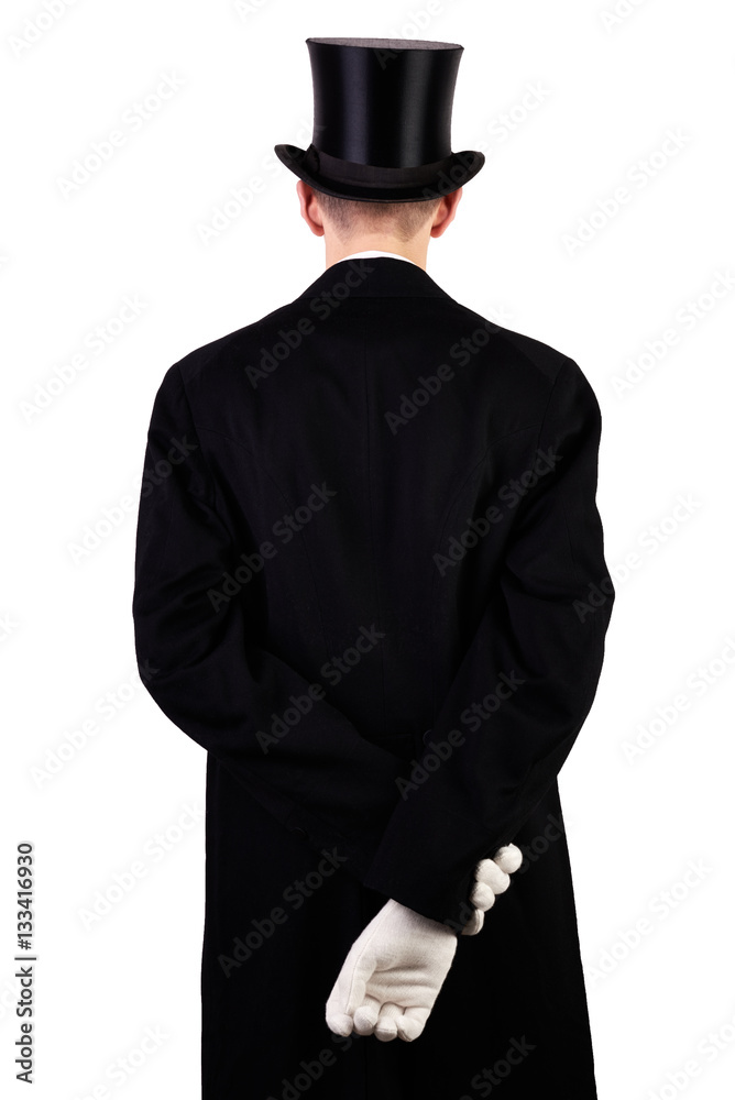 Mann mit schwarzen Hut, Zylinder und weißen Handschuhen von hinten ...