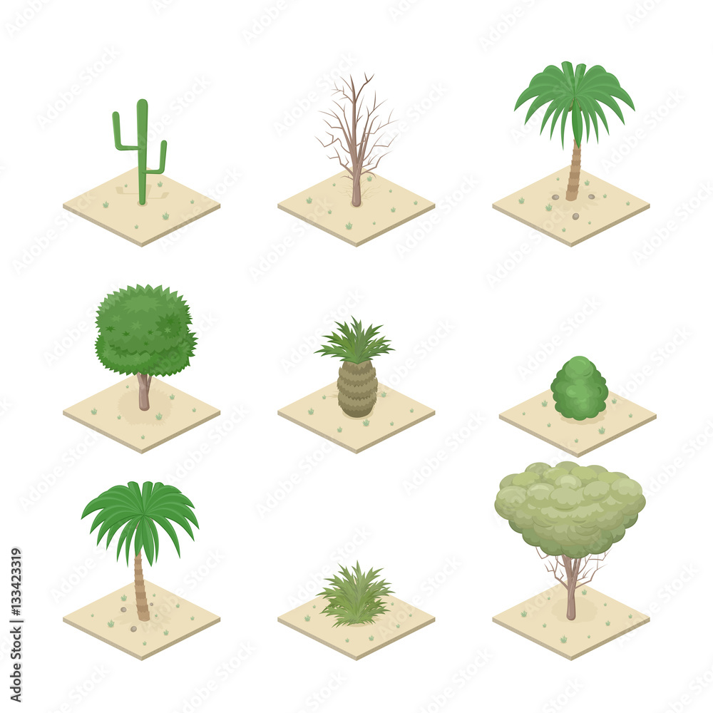Isometric view desert plants. Tropical plants. Cacti, trees and bushes ...