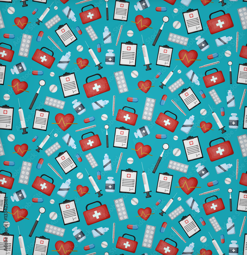 Vector cartoon seamless big pattern with medical equipment for gift ...