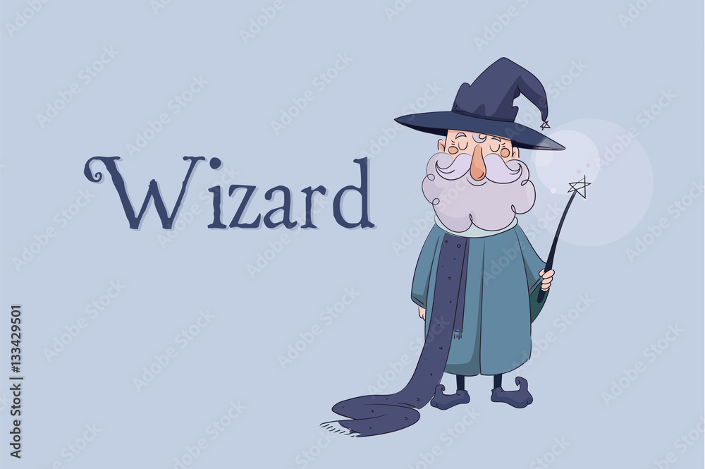 children s vector illustration. Good wizard holding a magic wand in his ...