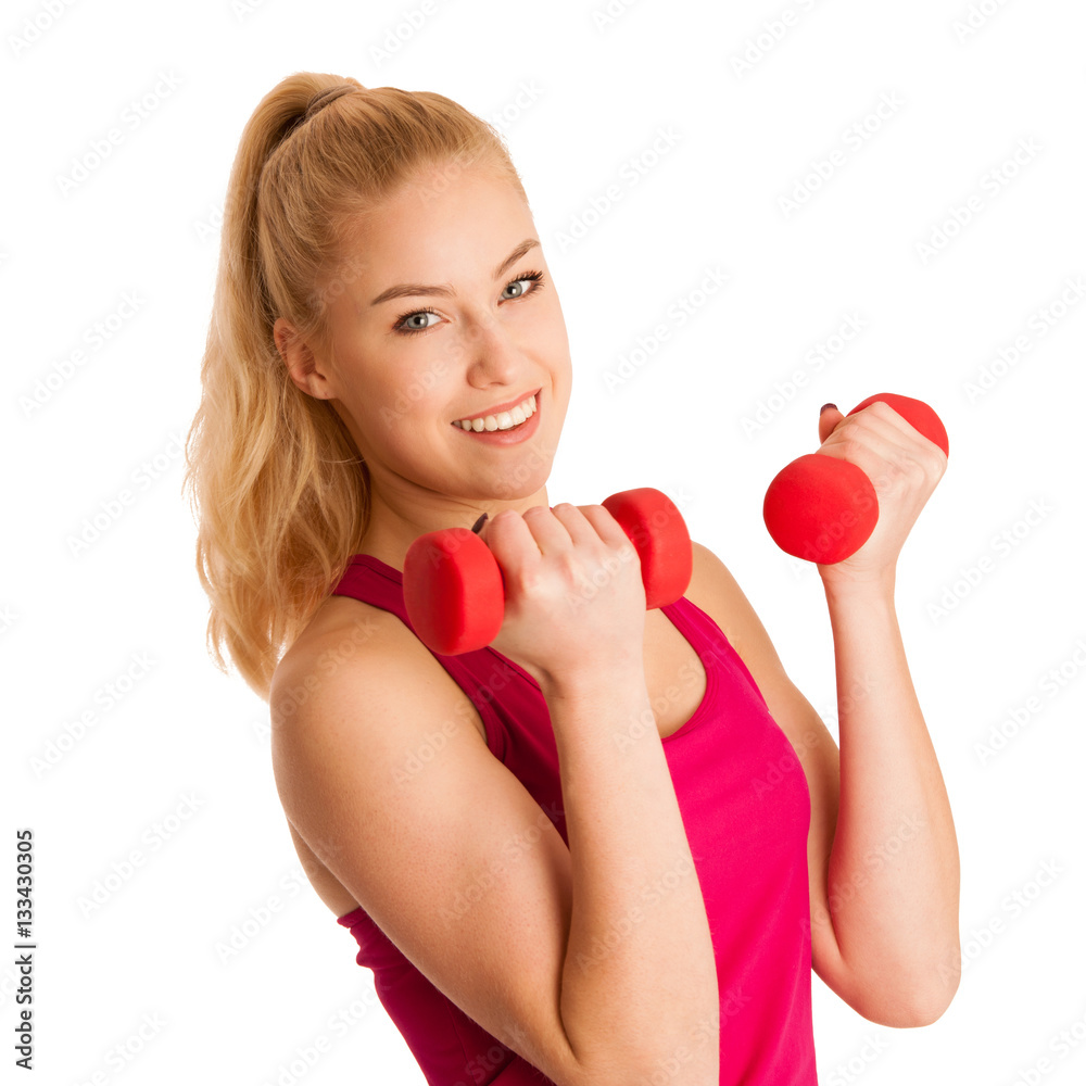 Cute young blond woman working out in fitness gym isolated over Stock ...