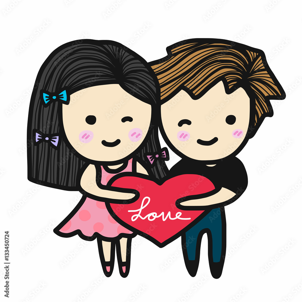Cute couple in love holding heart cartoon illustration Stock Vector ...