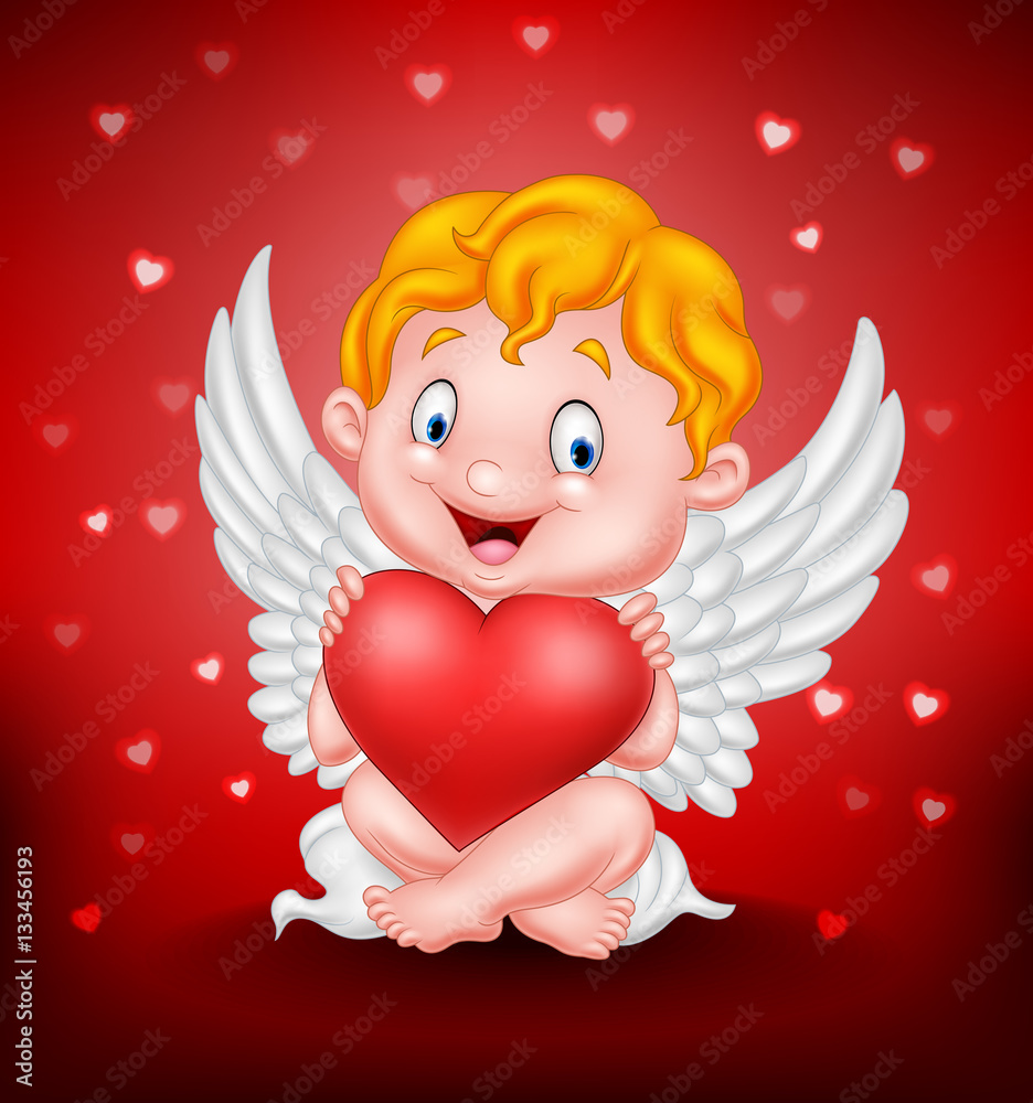 Cute little cupid holding heart Stock Vector | Adobe Stock
