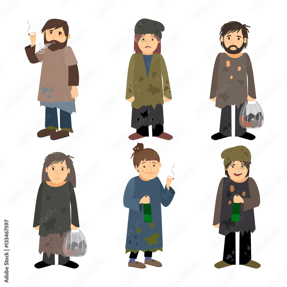 Homeless people men and women vector icons isolated on white background ...