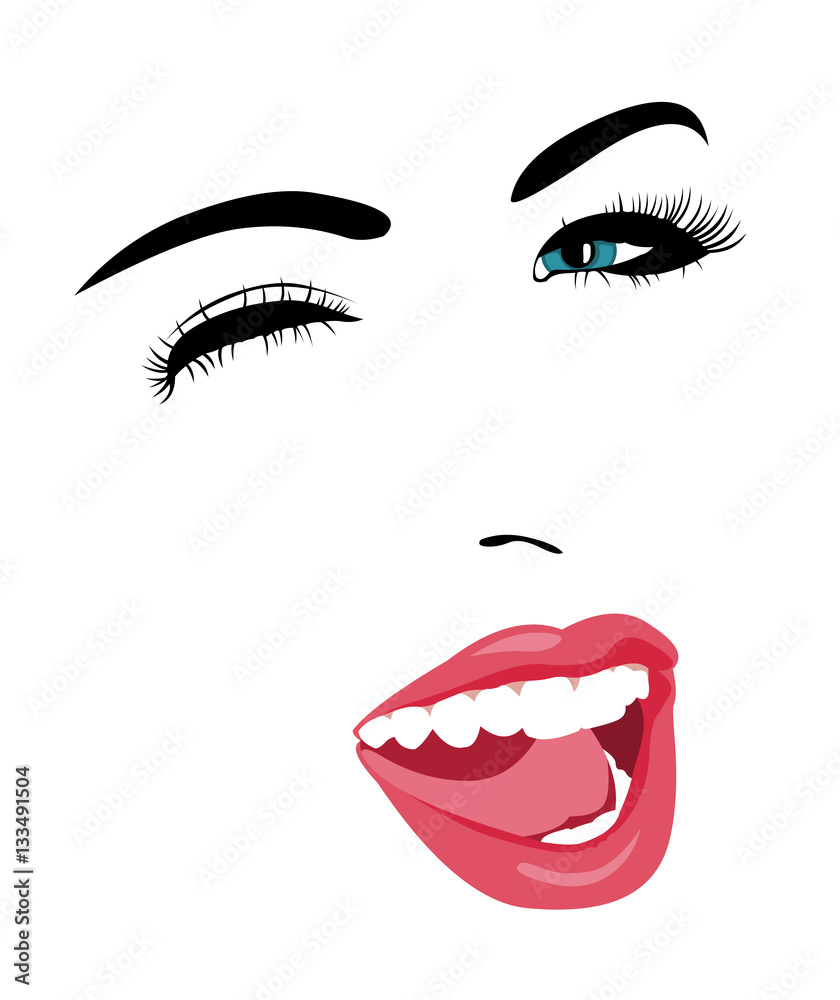 Simple pop art style blue eye woman face winking at camera with mouth ...