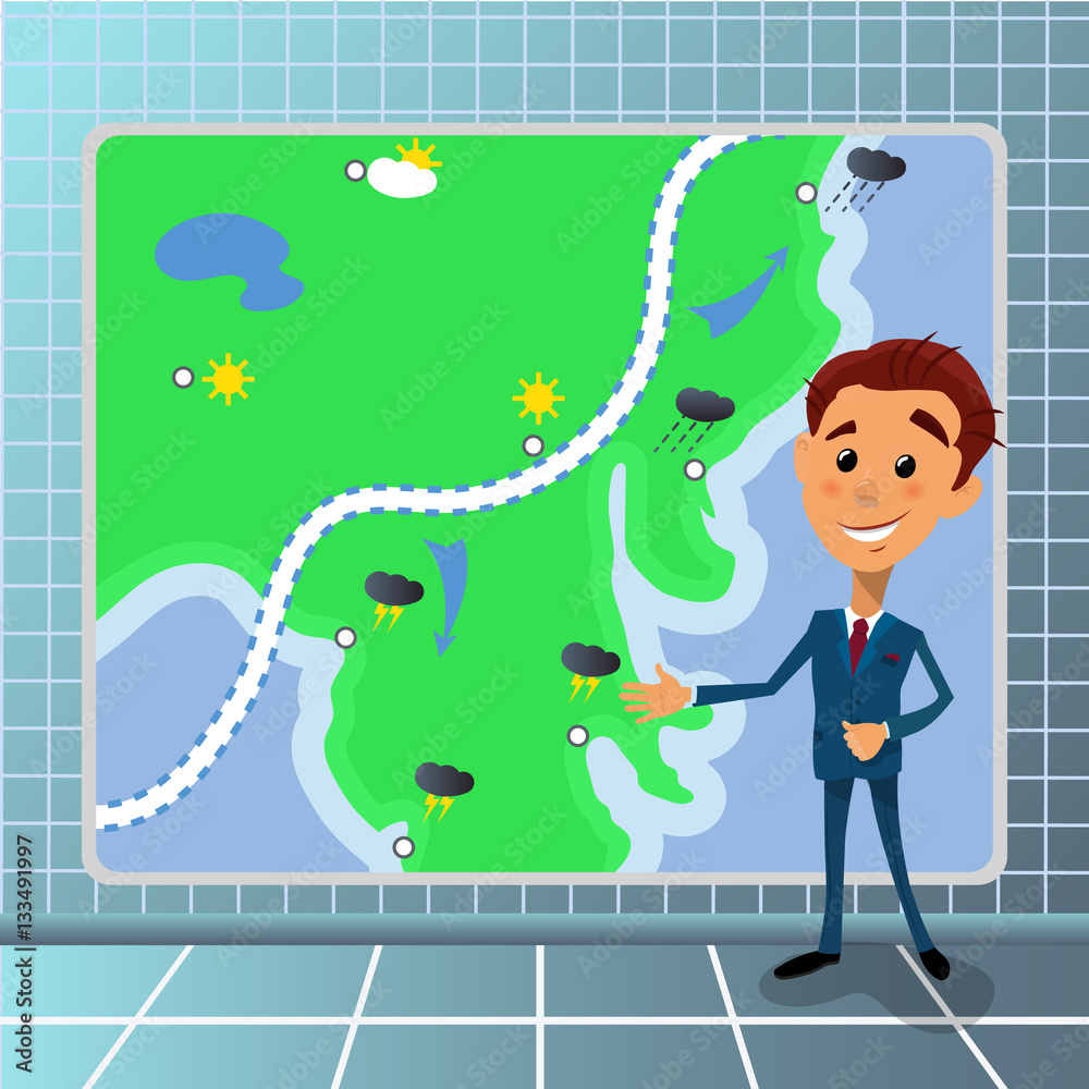 Vector illustration of cartoon tv ahchorman with weather temperature ...