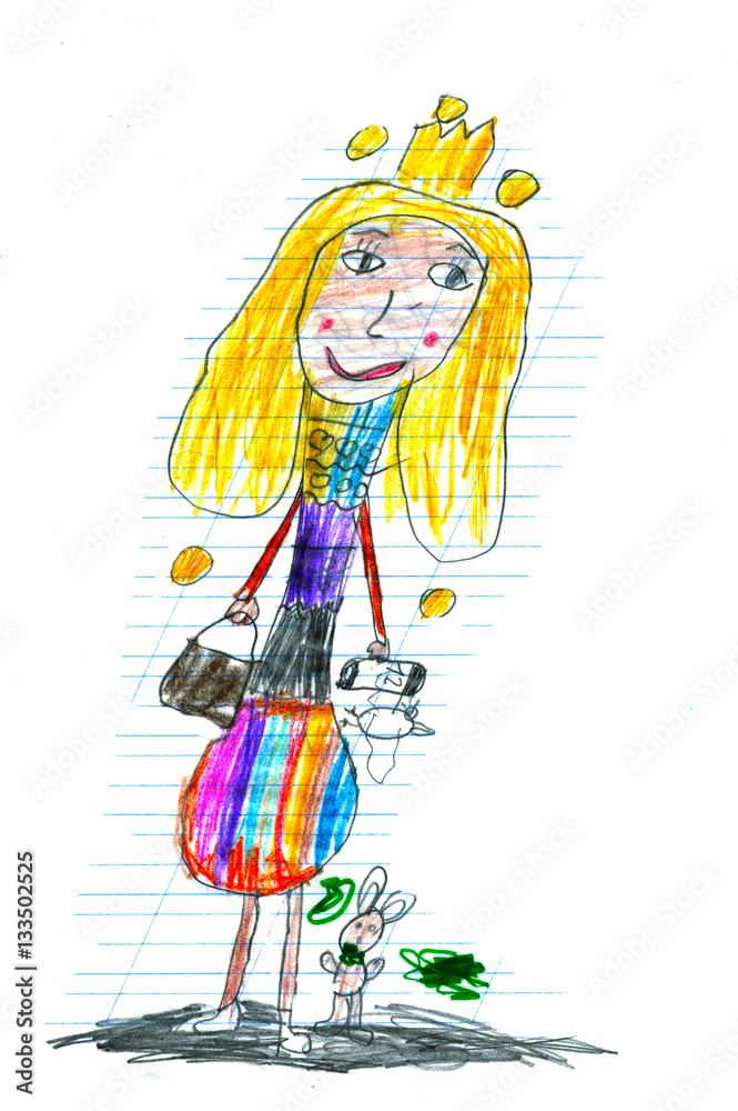 Child's drawing of a Mom and Princess. colored pencils Stock ...