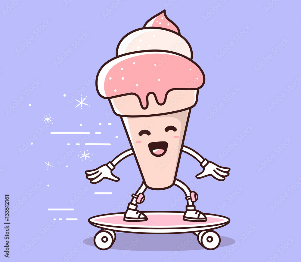 Vector illustration of pink color smile ice cream riding skatebo Stock ...