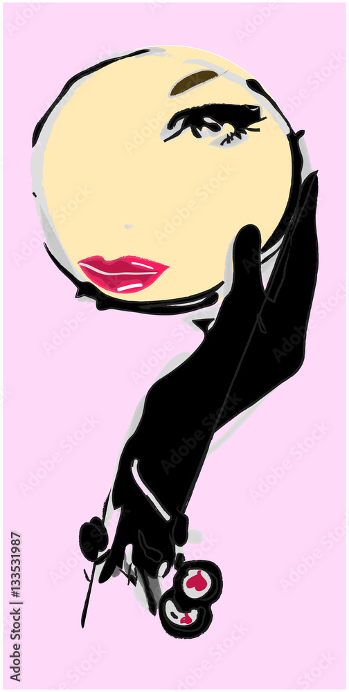 Girl face with red lips in mirror . Closeup mirror reflection of a ...