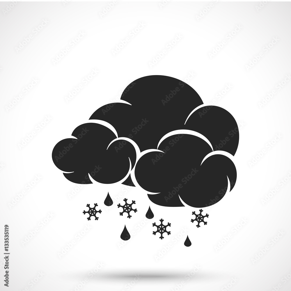Weather icon. Cloud with rain drops and snowlakes isolated on white ...