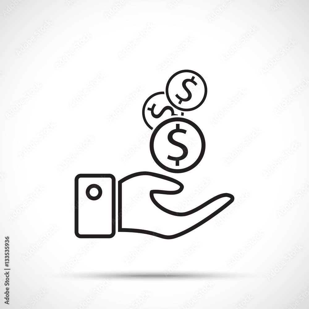 Receiving money icon. Hand with coins. A money symbol in hand isolated on white background ...