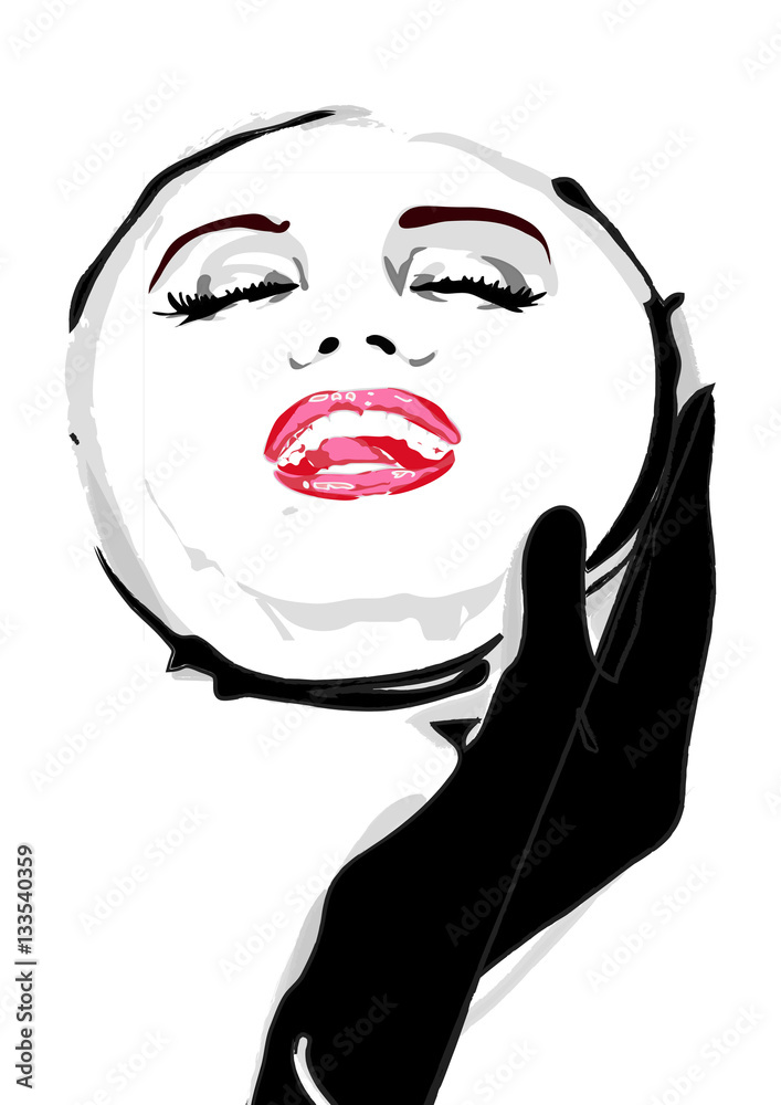 Girl Face With Red Lips In Mirrow Closeup Mirror Reflection Of A Woman