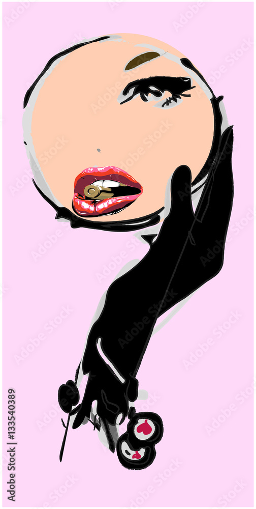 Girl Face With Red Lips Bullet In Mirrow Closeup Mirror Reflection Of
