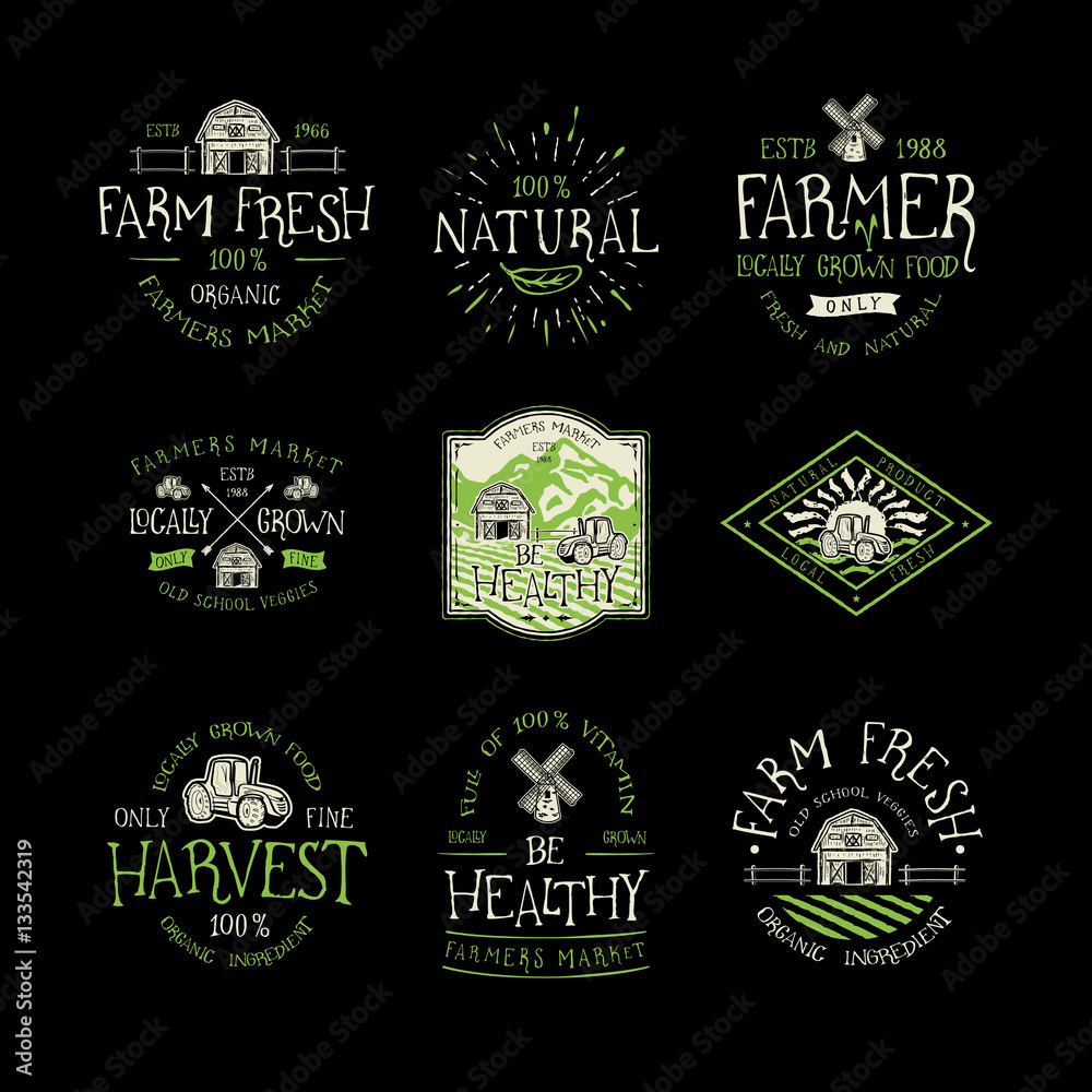 SET OF BADGE FOR FARMERS MARKET, FARM FRESH AND NATURAL FOOD LOCAL ...