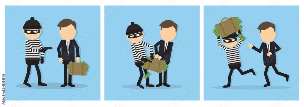 Criminal thief set. Funny cartoon thief in black mask stealing a bag ...
