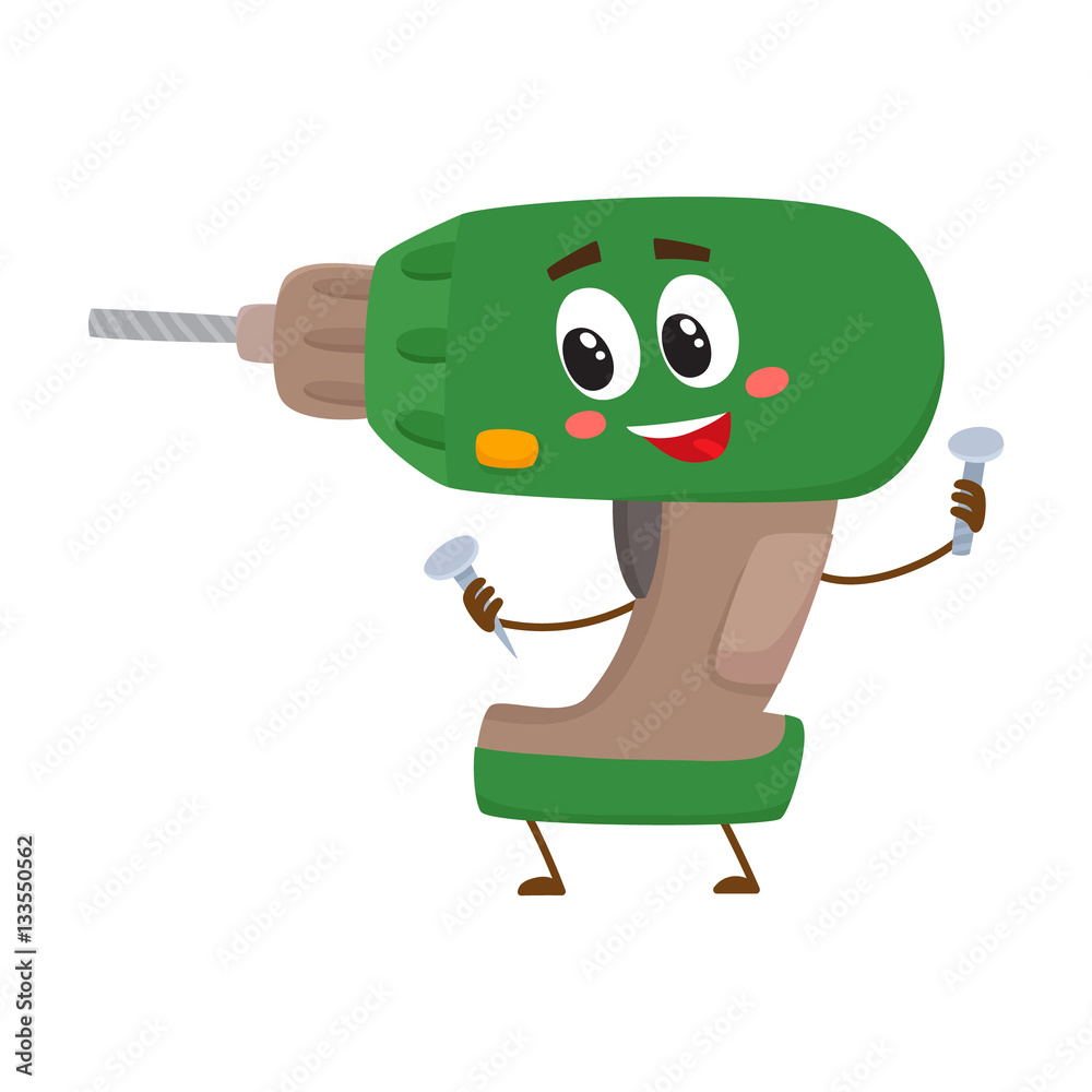 Funny green electric drill, building, repair tool character, cartoon ...