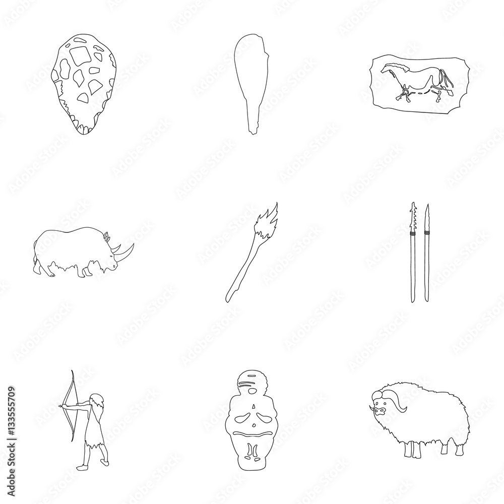 Stone age set icons in outline style. Big collection of stone age ...
