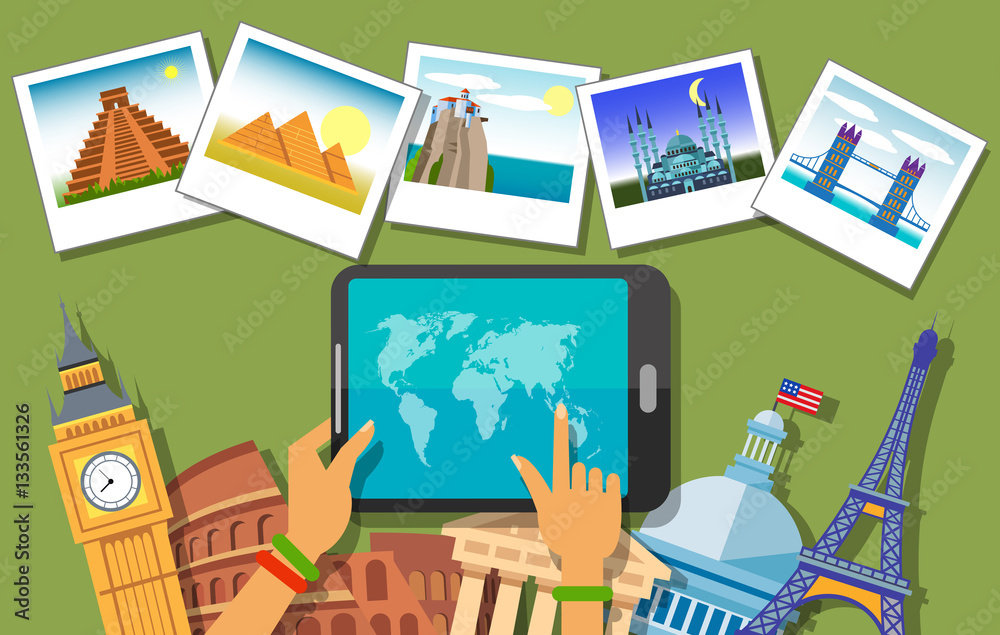 Amazing World Poster Design with Tablet Stock Vector | Adobe Stock