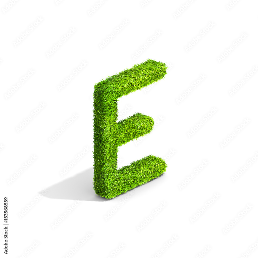 Grass letter E in uppercase format from isometric angle with shadow on ...