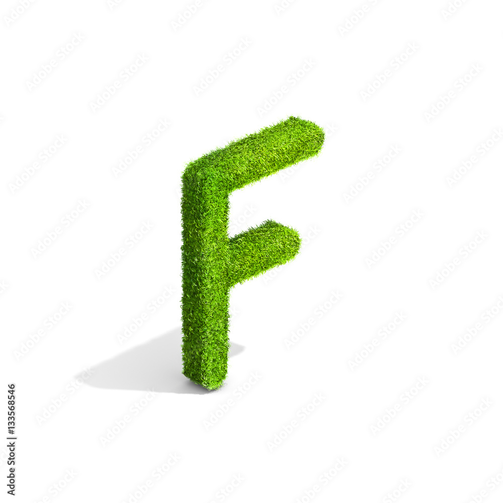 Grass letter F in uppercase format from isometric angle with shadow on ...