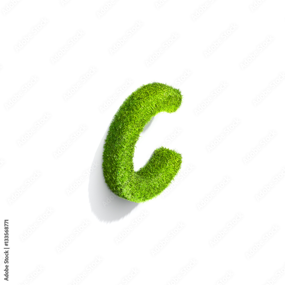 Grass letter C in lowercase format from isometric angle with shadow on ...