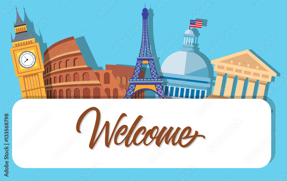 Welcome Lettering with Famous Landmarks Stock Vector | Adobe Stock