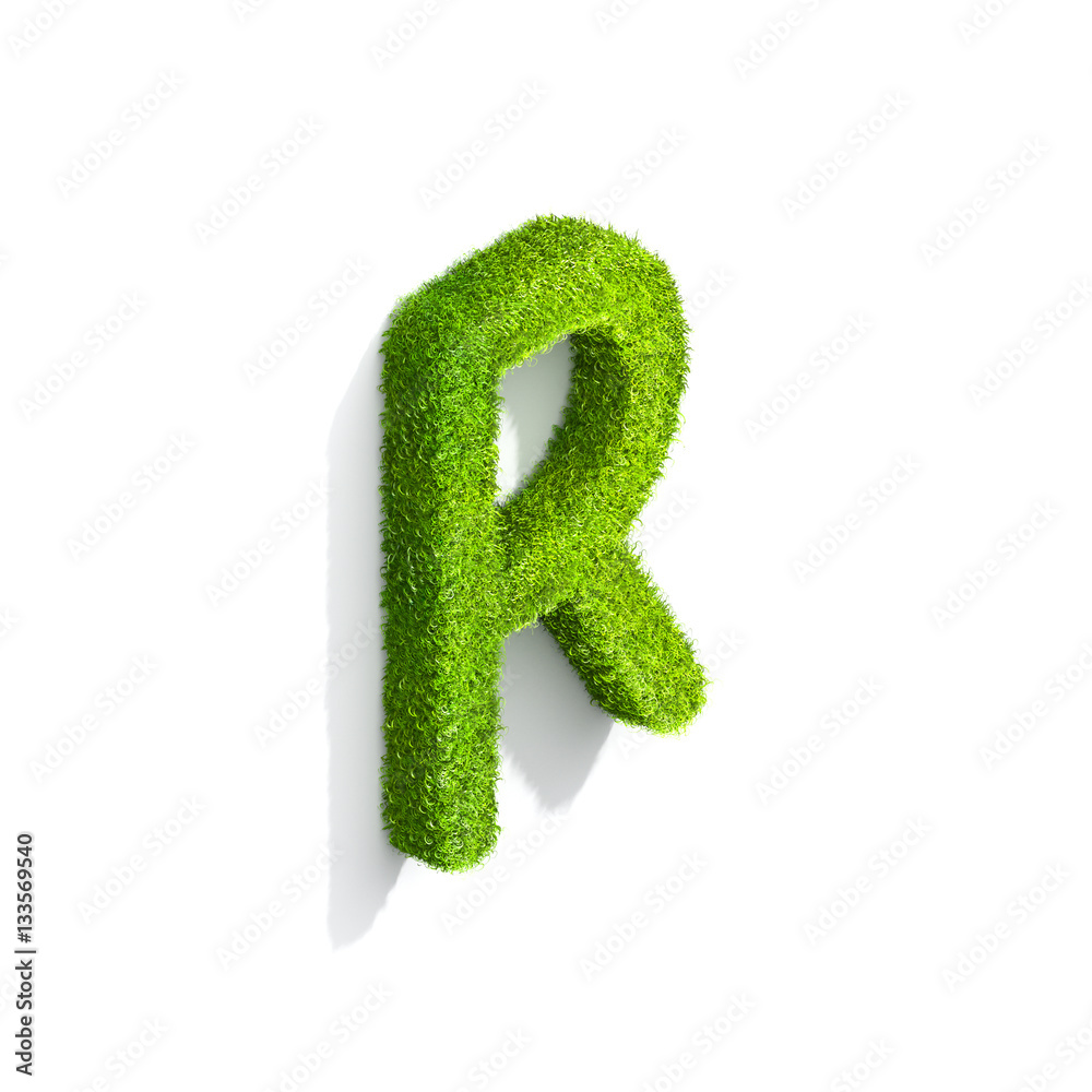 Grass letter R in uppercase format from isometric angle with shadow on ...