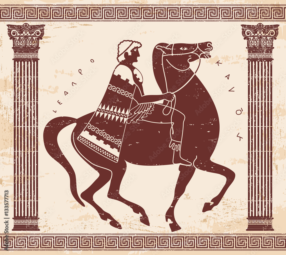 Greek style drawing. Soldier in uniform with a cape riding a horse ...