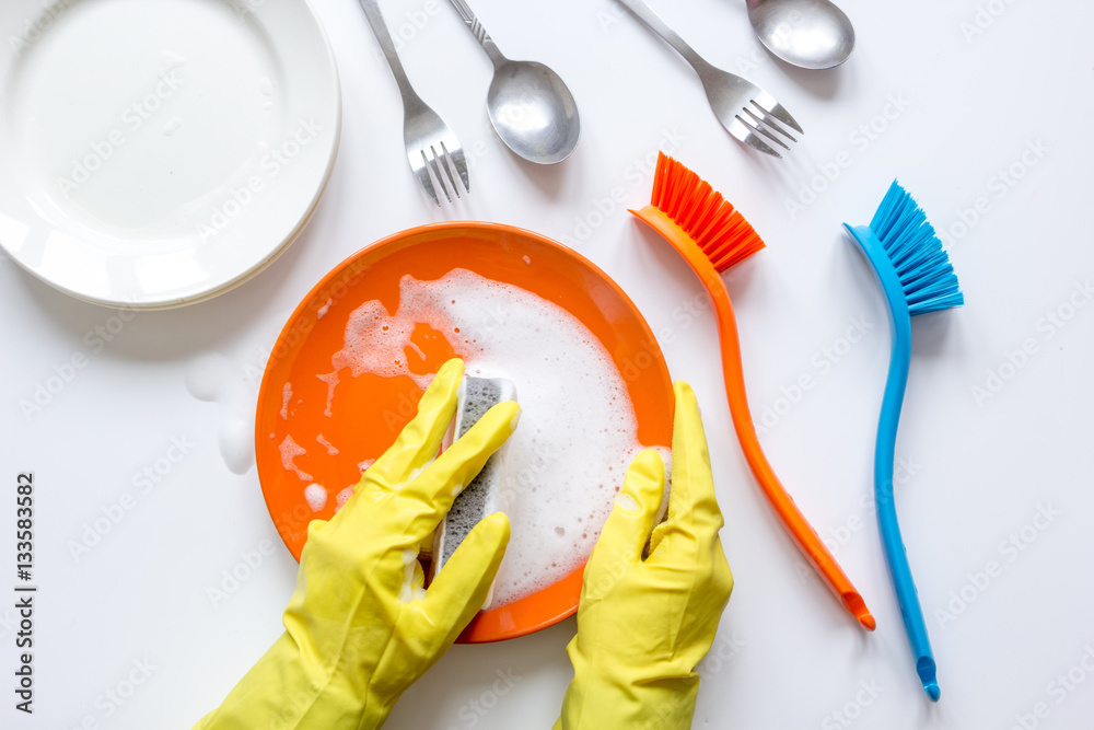 concept of woman washing dishes on white background Stock Photo | Adobe ...