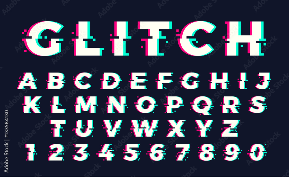 Vector distorted glitch font. Trendy style lettering typeface. Stock ...