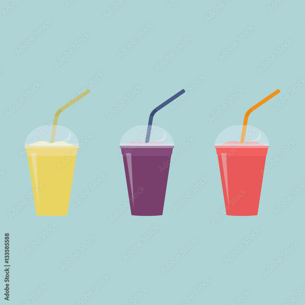Smoothie fresh fruit shake in plastic cups with straws set. Vector ...